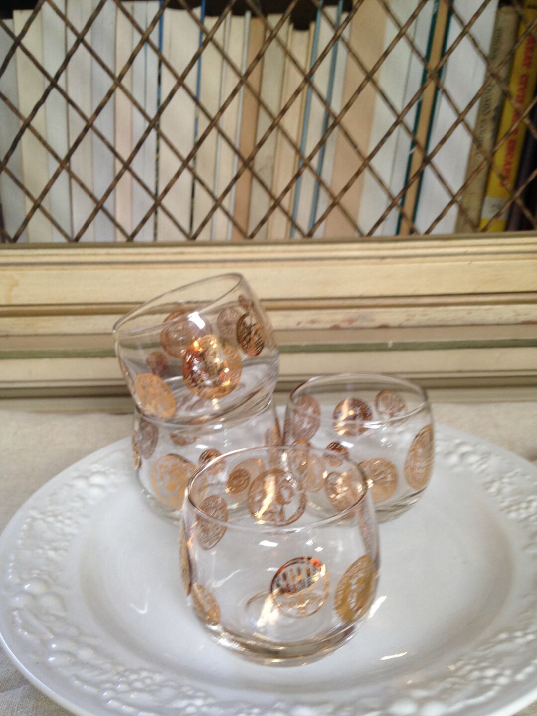 Ancient Coin Cocktail Glasses Set of 4 Clear Glass and Gold Design "oh ...