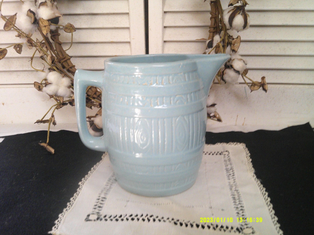 Baby Blue Barrel Water Pitcher, 6 3/4 Inches Tall and 8 Inches Across ...
