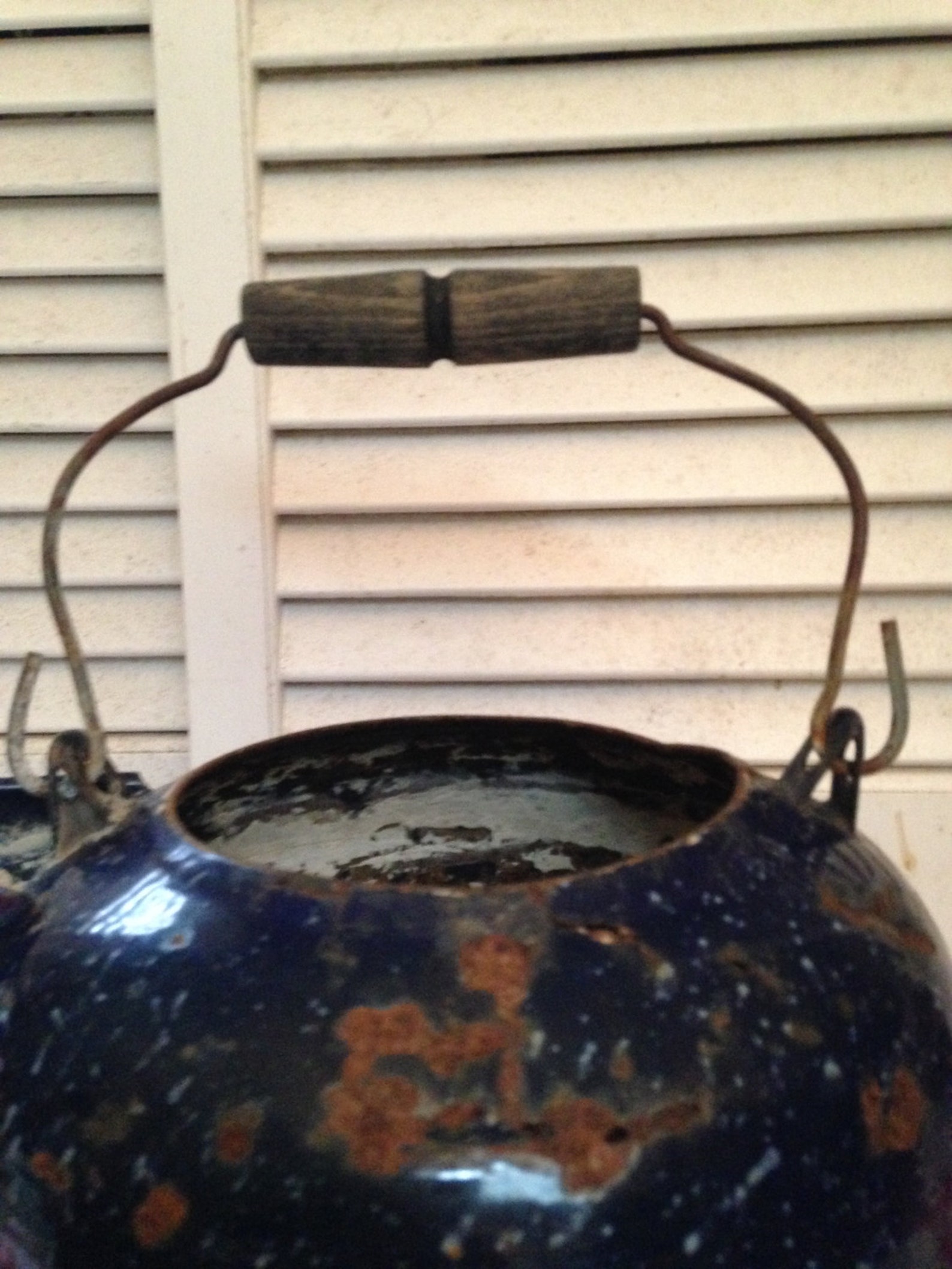Dark Blue Enamel Kettle With Wood Handle Rusty Primitive | Etsy