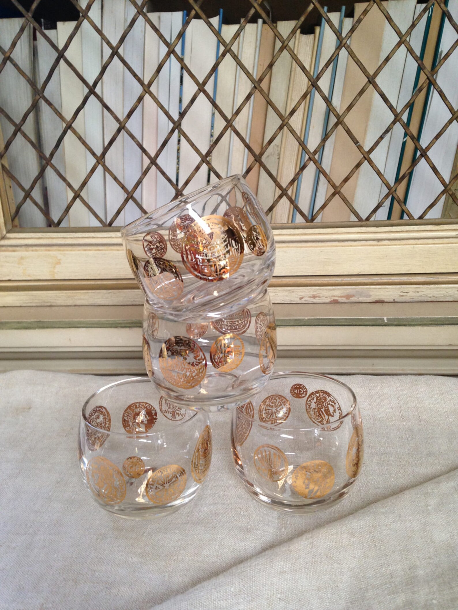 Ancient Coin Cocktail Glasses Set of 4 Clear Glass and Gold Design "oh ...