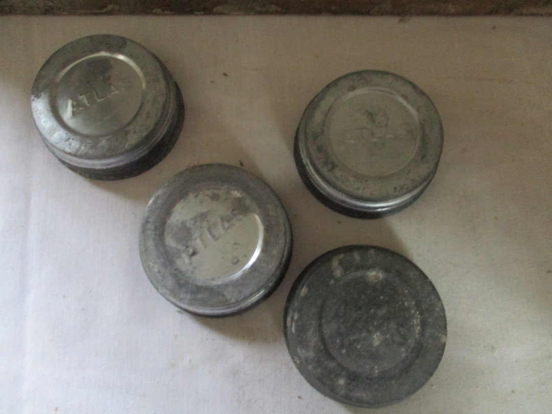 Set of 4 Hazel Atlas Zink Canning Jar Lids, and Glass Inserts ...