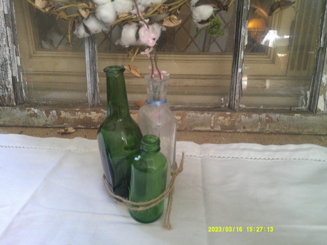 Collection of Vintage Bottles, 2 Green and 1 Clear Bottle, White Bottle ...