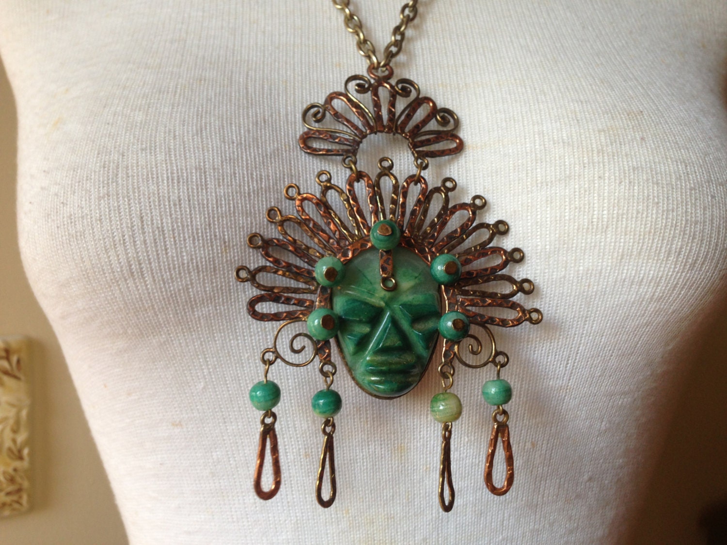 1960's Vintage Huge Aztec Carved Mask Handcrafted Necklace and Earrings ...