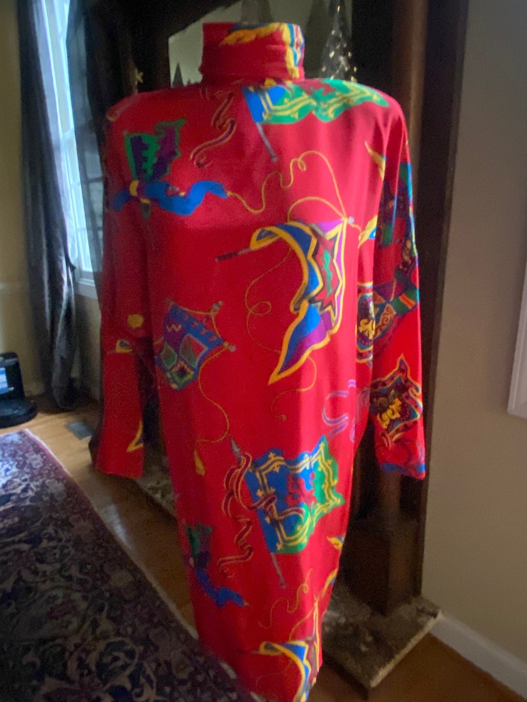 Vintage Linda Allard for Ellen Tracy Heraldic Print Red Silk Dress Size ...
