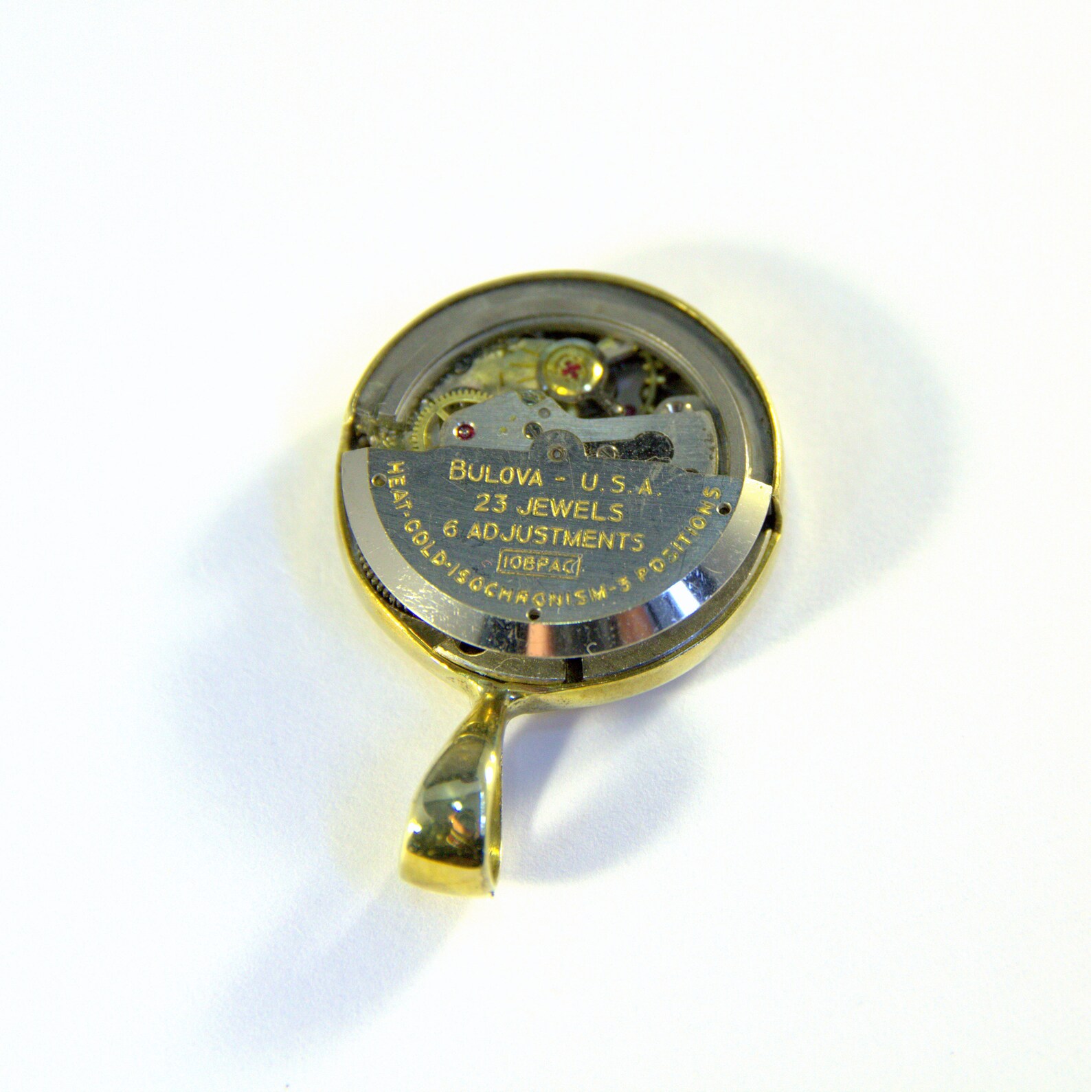 Antique Bulova Watch Movement Pendant Set in Yellow Brass, 23 Jewels ...