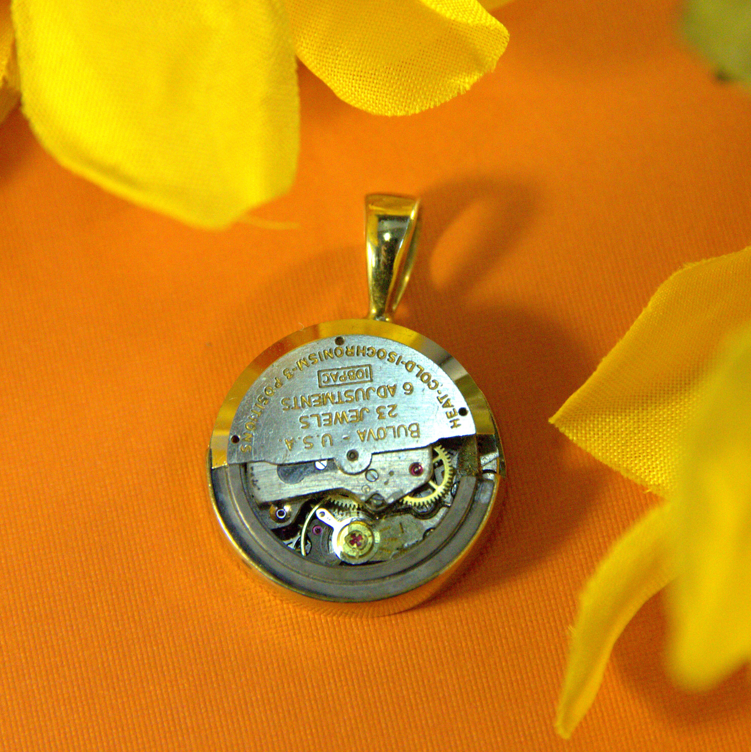 Antique Bulova Watch Movement Pendant Set in Yellow Brass, 23 Jewels ...