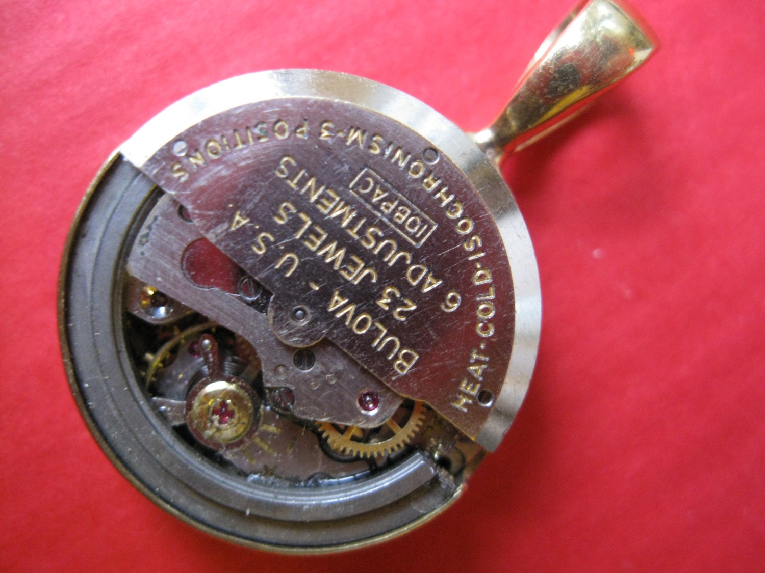 Antique Bulova Watch Movement Pendant Set in Yellow Brass, 23 Jewels ...