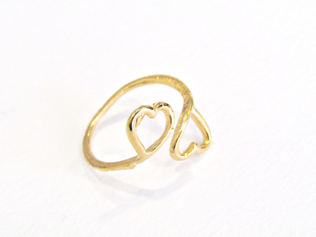 Gold Ring, Two Hearts Ring, Love Ring, Adjustable Ring, Delicate Ring ...