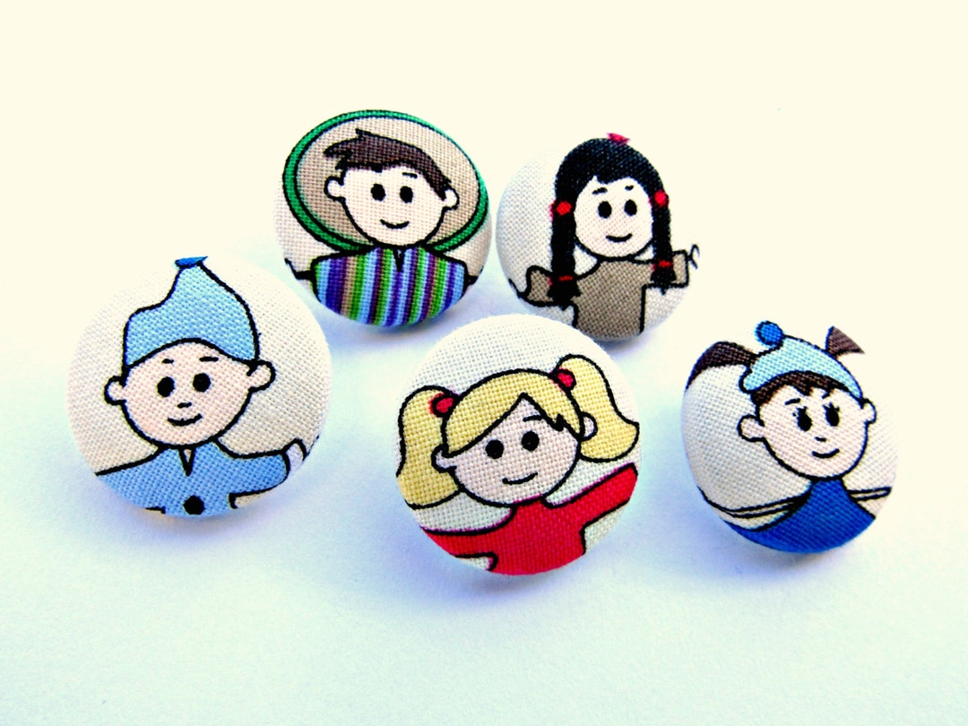 Fabric Buttons - Set of 5 Covered Buttons - Kids Face Fun Buttons ...