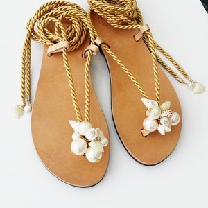 Sea Shells Pearls Rope Sandals, Wedding Shell Sandals, Greek Leather ...