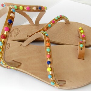 Rhinestone Multicolor Greek Sandals/ Beach Flats/ Rainbow Embellished ...