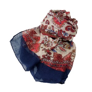 Floral Blue Red Scarf, Elegant Fashion Accessory, Artisan Shawl, Unique ...