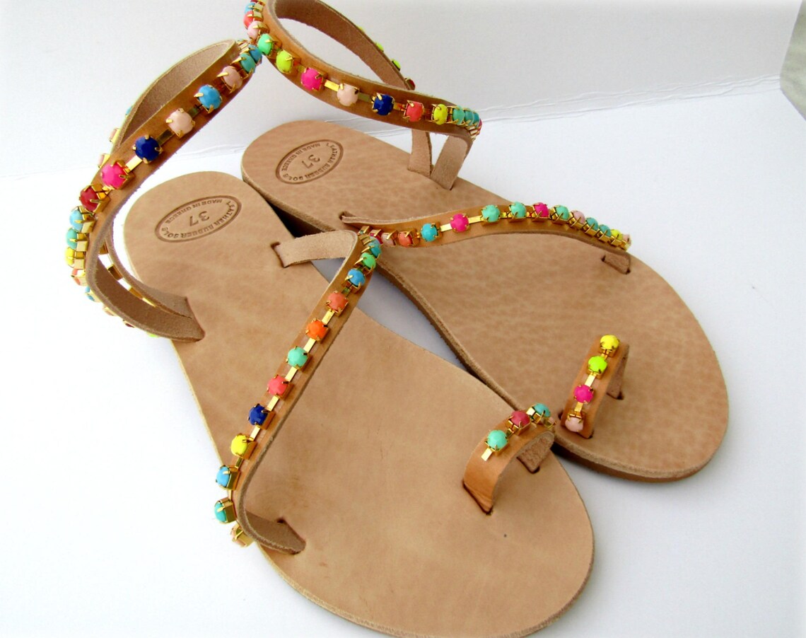 Rhinestone Multicolor Greek Sandals/ Beach Flats/ Rainbow - Etsy