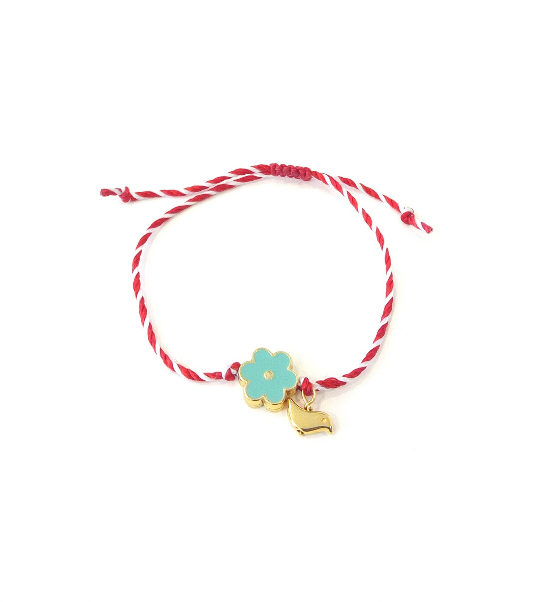 Red and White String With Turquoise Enamel Flower and Evil Eye Bracelet ...