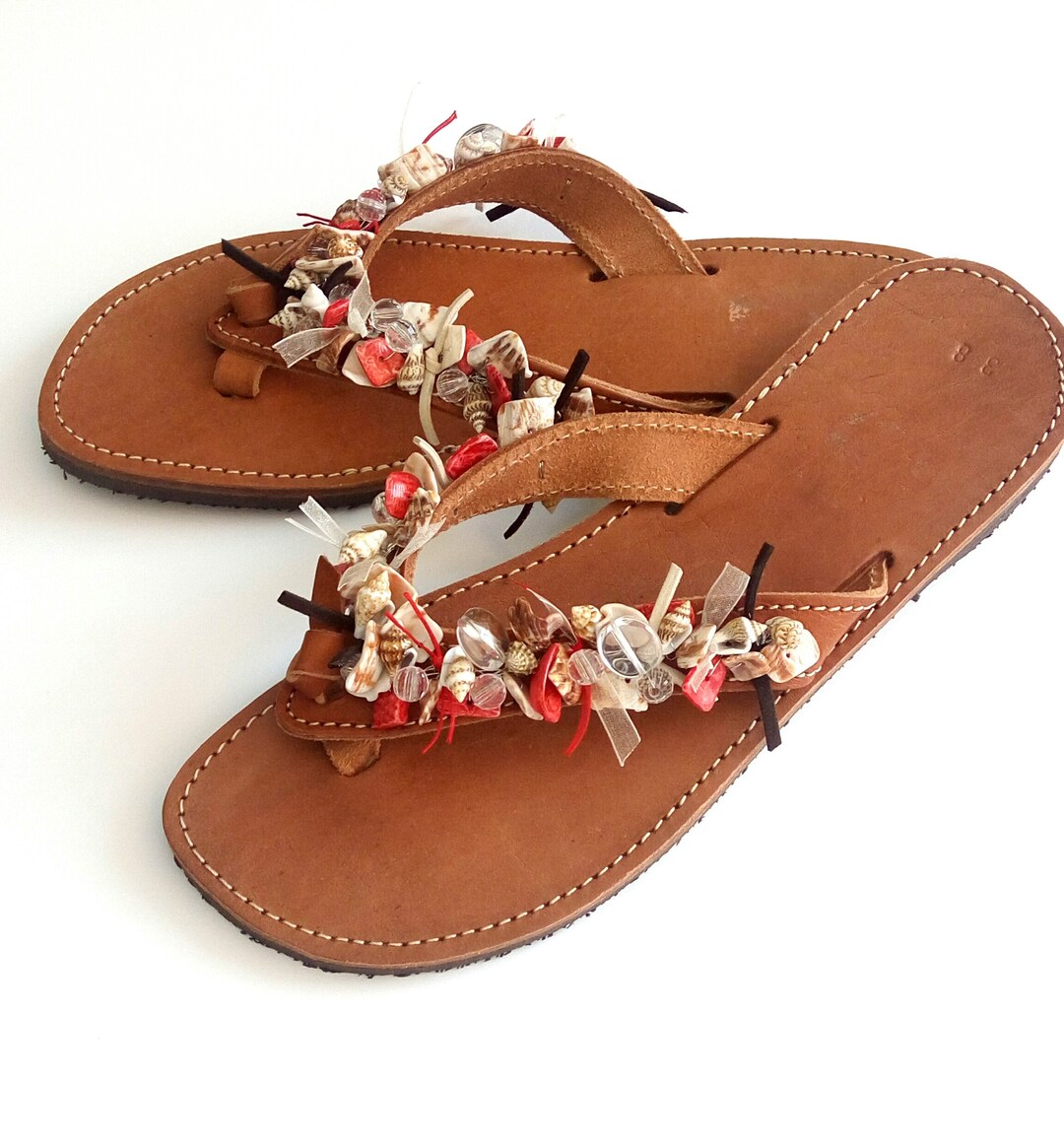 Greek Leather Sandals -summer Beaded Sandals - Sea Shells Beachwear ...