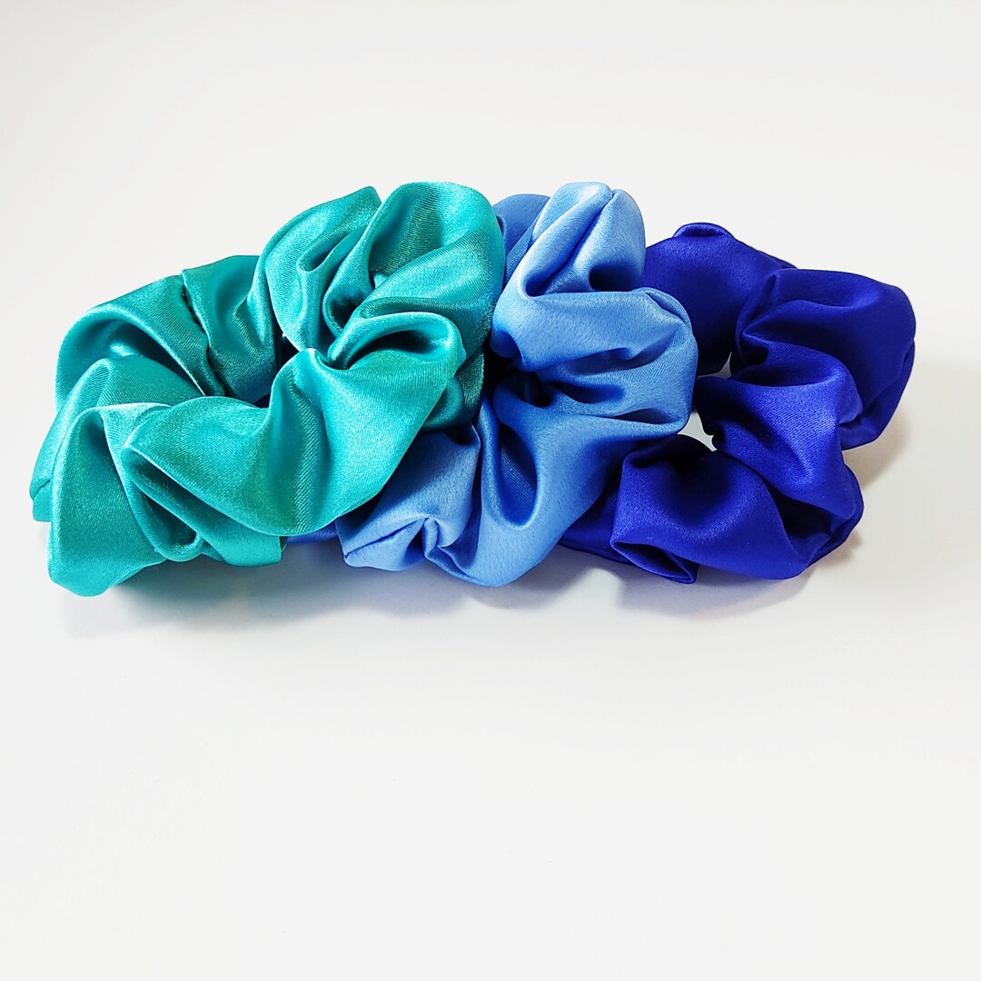 Blue Satin Scrunchies, Satin Scrunchies, Hair Accessories, Set 3 Blue ...
