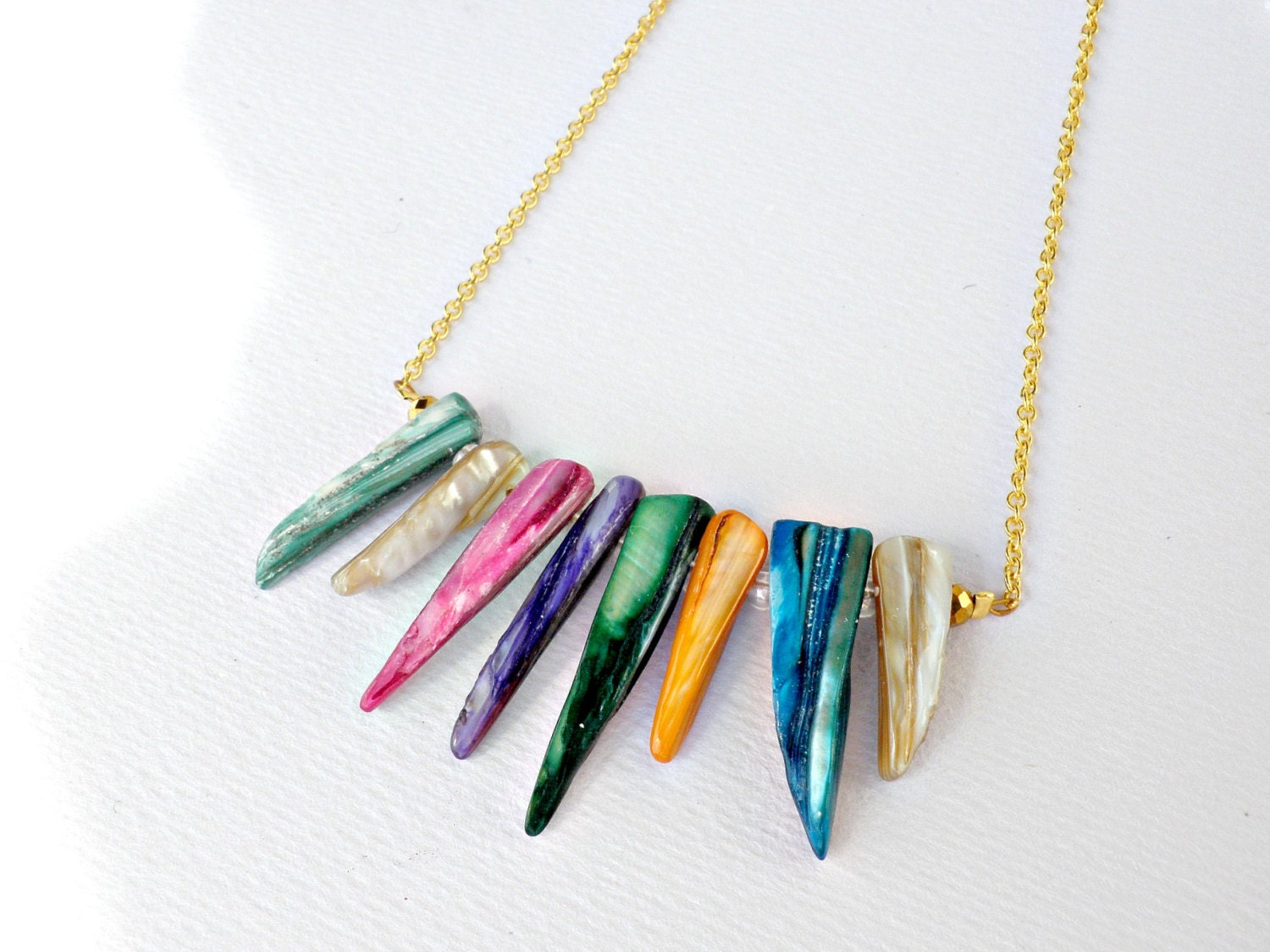Fun necklace- Mother of pearl necklace- Colorful bar gold necklace ...