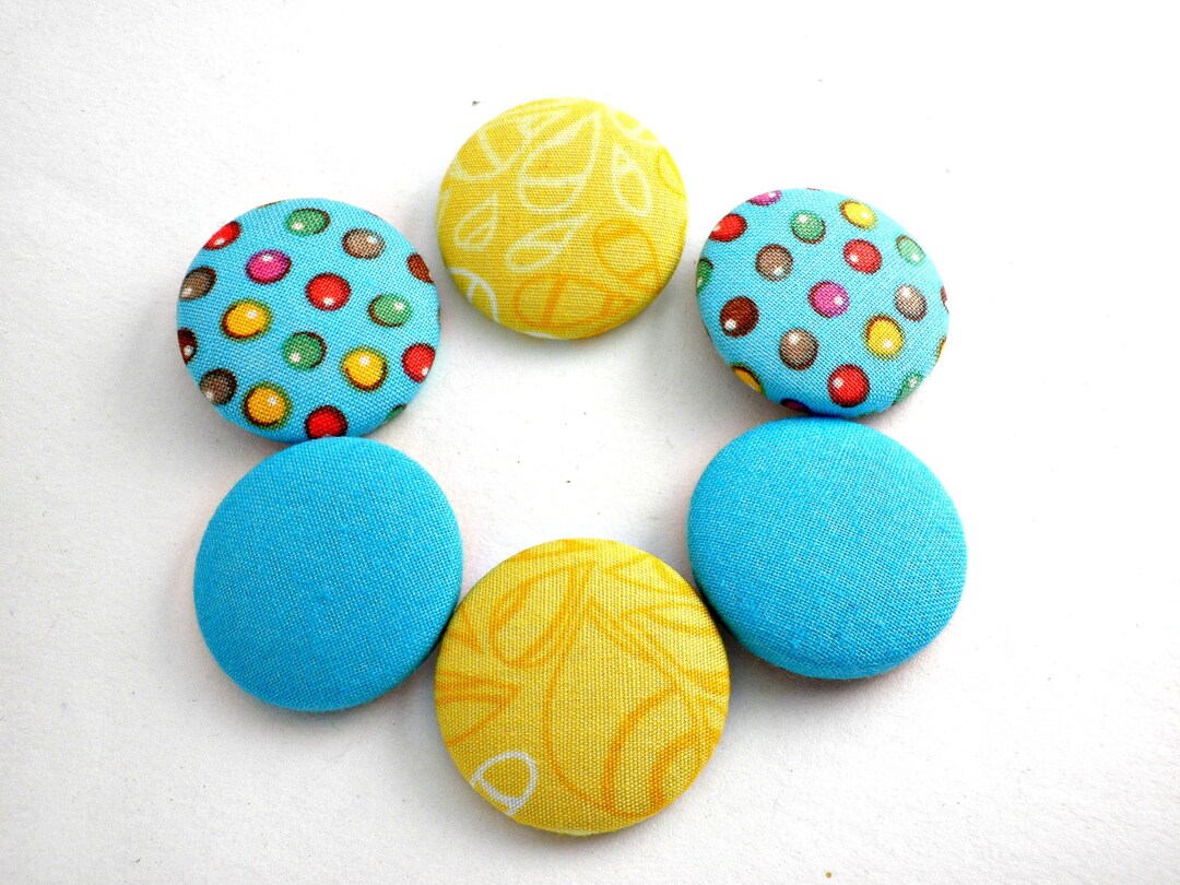 Blue Yellow Cover Buttons ,fabric Covered Buttons, Blue Fabric Buttons ...