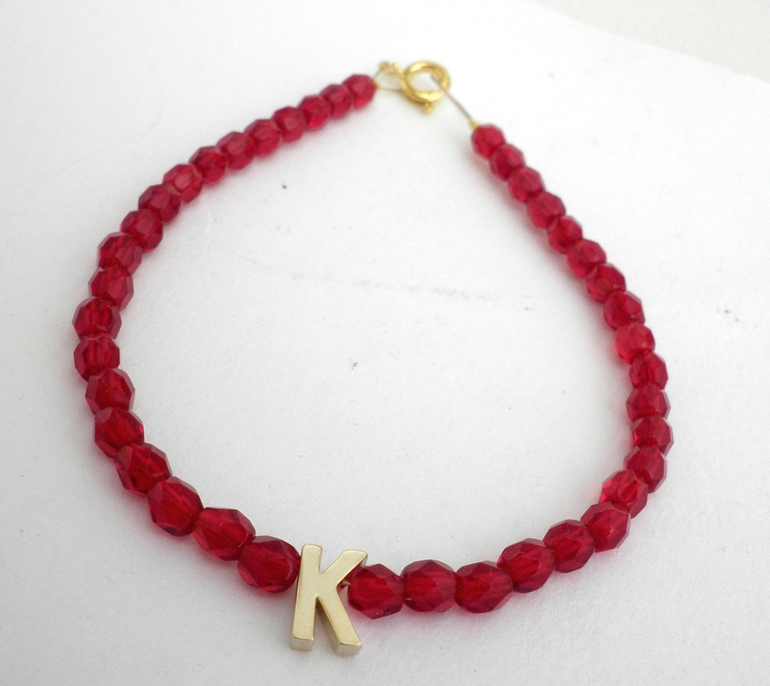 Initial Letter Bracelet -red Beaded Gold Initial Bracelet -tiny Gold ...