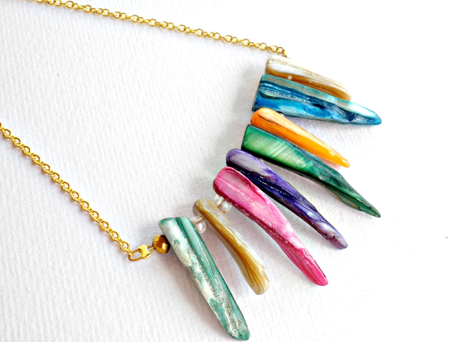 Fun necklace- Mother of pearl necklace- Colorful bar gold necklace ...