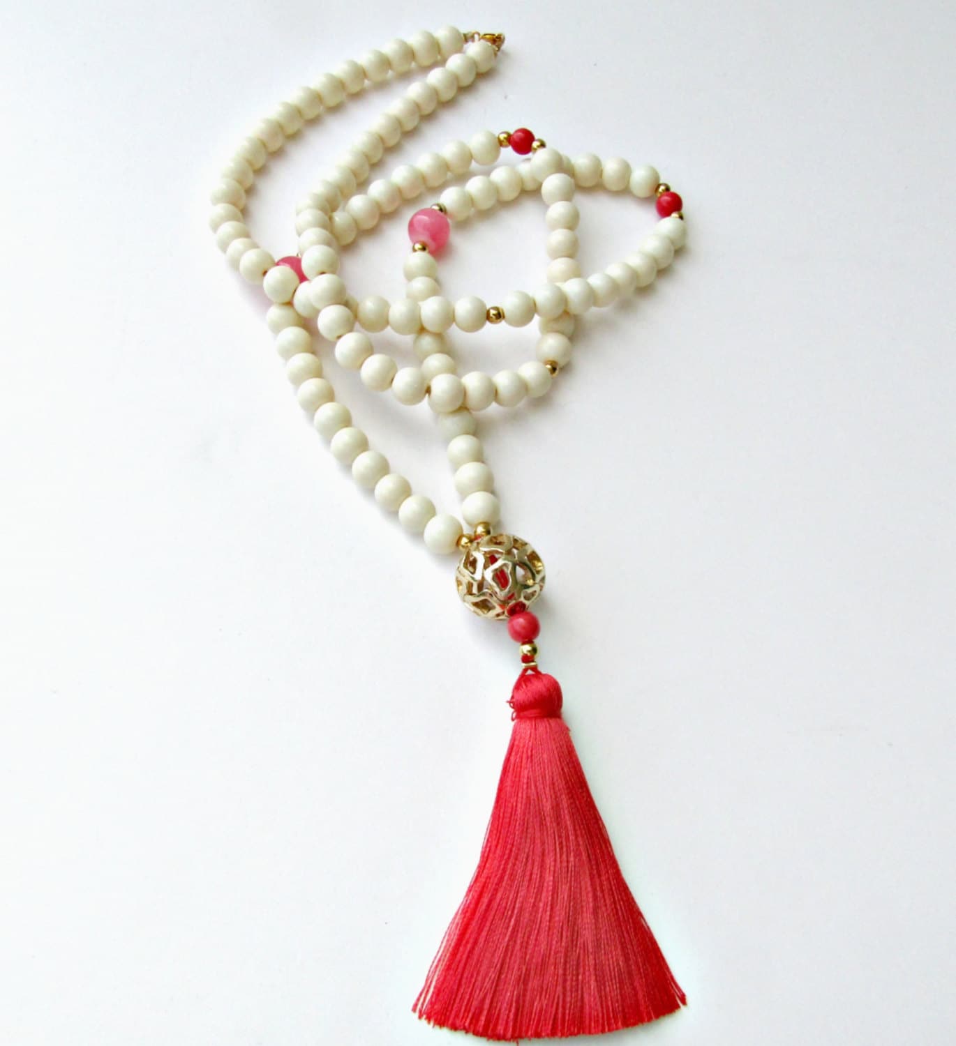 Beaded Tassel Necklace Long Tassel Necklace Ivory Beige Glass Beaded Necklace Pink Tassel