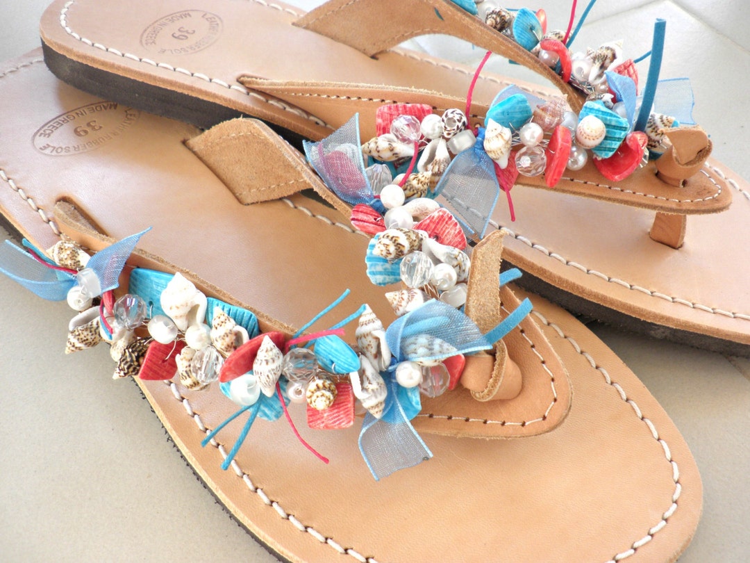 Summer Leather Sandals- Beaded Sea Shells Leather Sandals-nautical ...