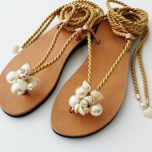 Sea Shells Pearls Rope Sandals, Wedding Shell Sandals, Greek Leather ...