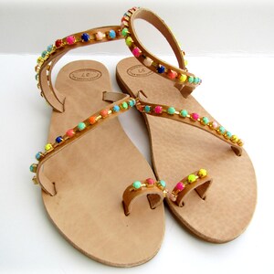 Rhinestone Multicolor Greek Sandals/ Beach Flats/ Rainbow Embellished ...