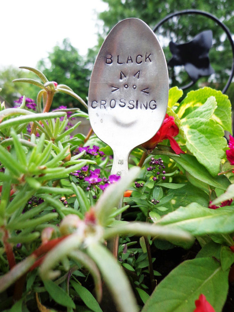Black Cat Crossing- Vintage Spoon Garden Marker - Etsy