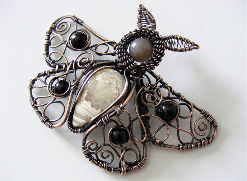 Wire Wrapped Emperor Moth Brooch or Hair Pin With Crazy Lace - Etsy