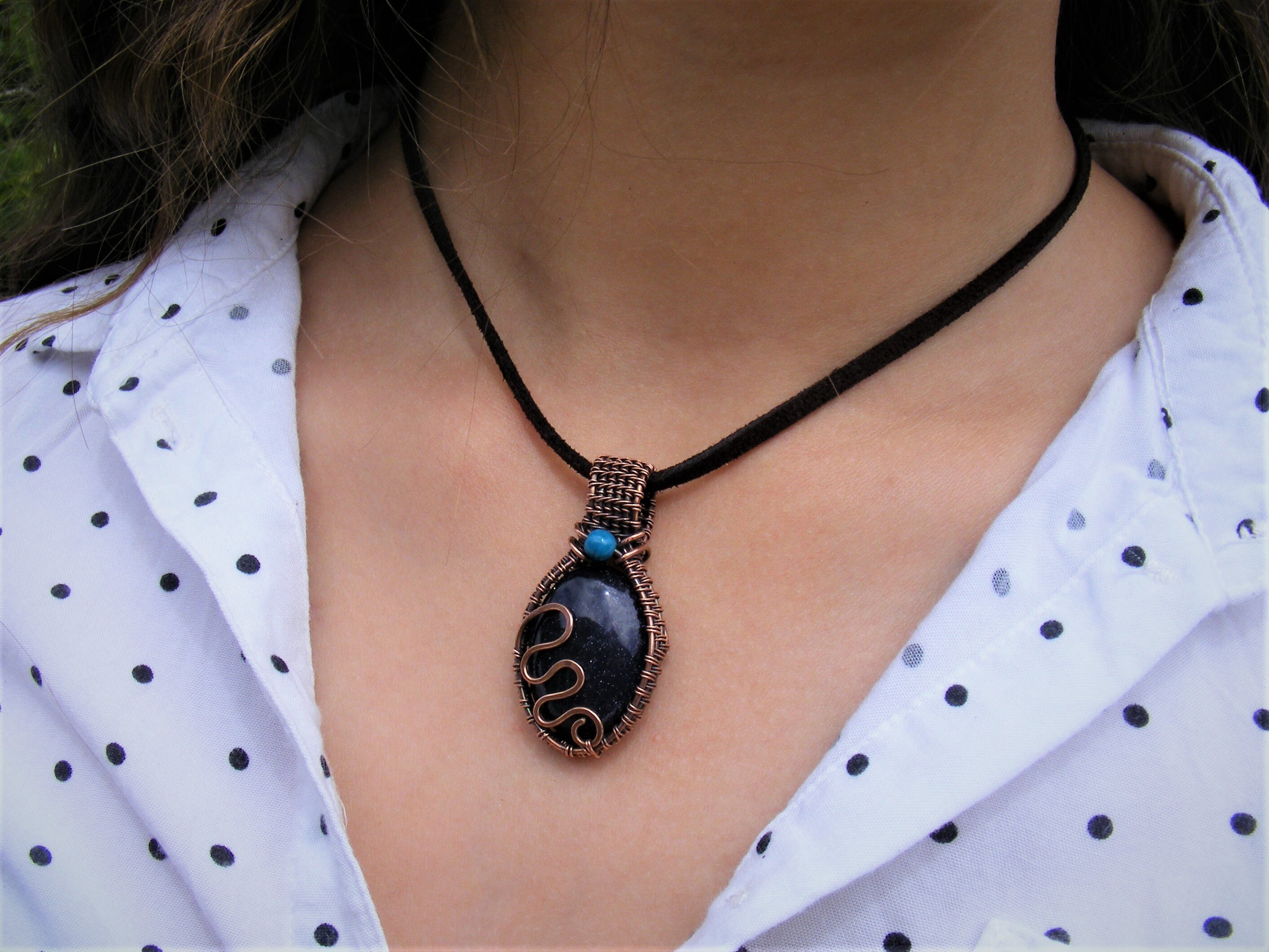 Wire wrapped black sparkly goldstone with chrysocolla accent | Etsy