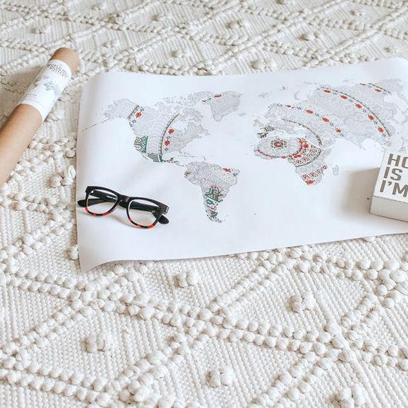 Mandala World Map Coloring Poster, Large Coloring Travel Map of the ...
