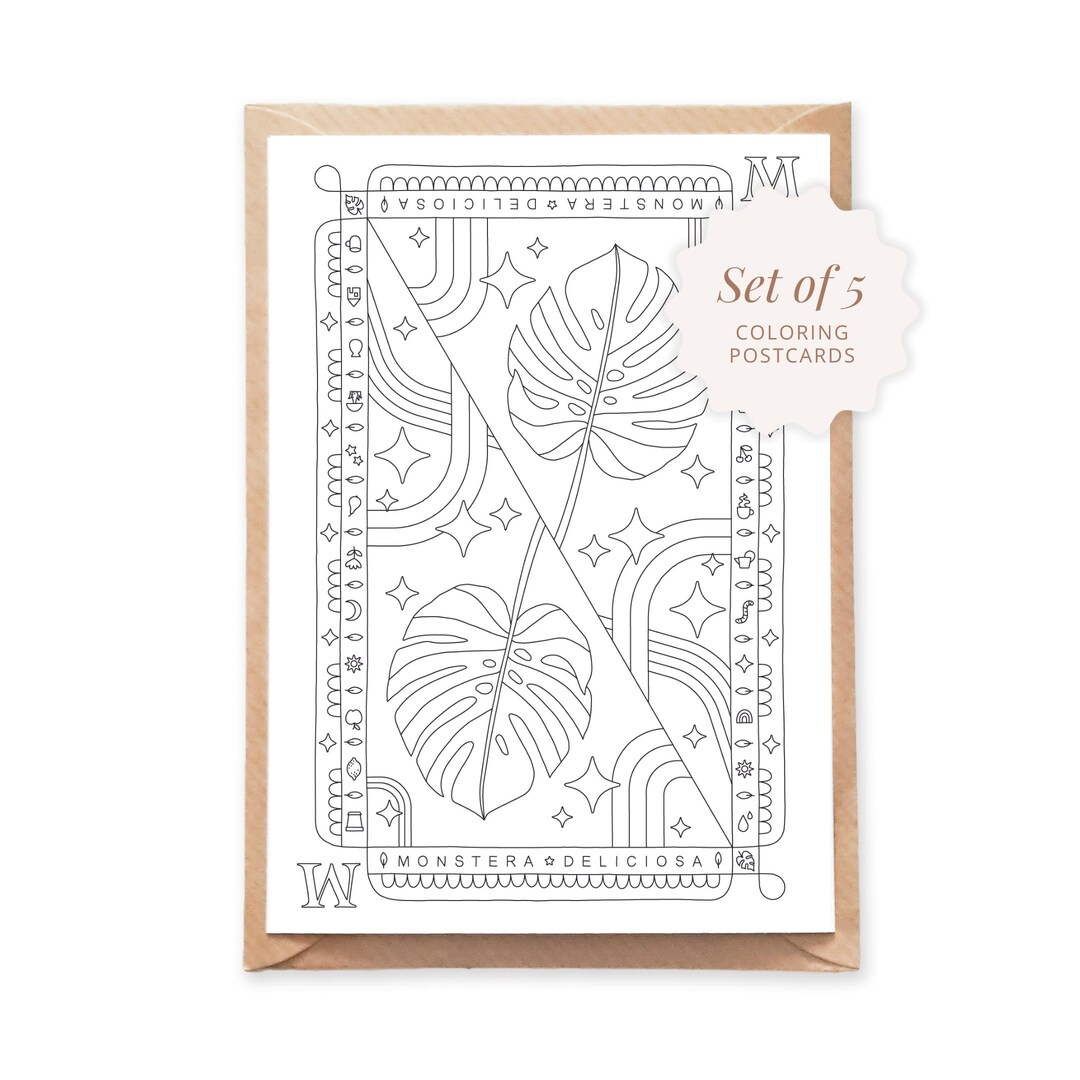 Monstera Deliciosa, Pattern Coloring Postcards - Set of 5, Houseplant ...