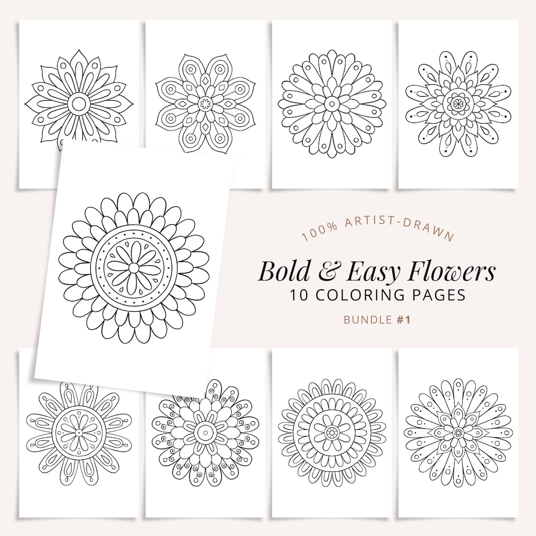 Easy and Bold Flower Coloring Pages, Printable Coloring Book, 10 Simple ...