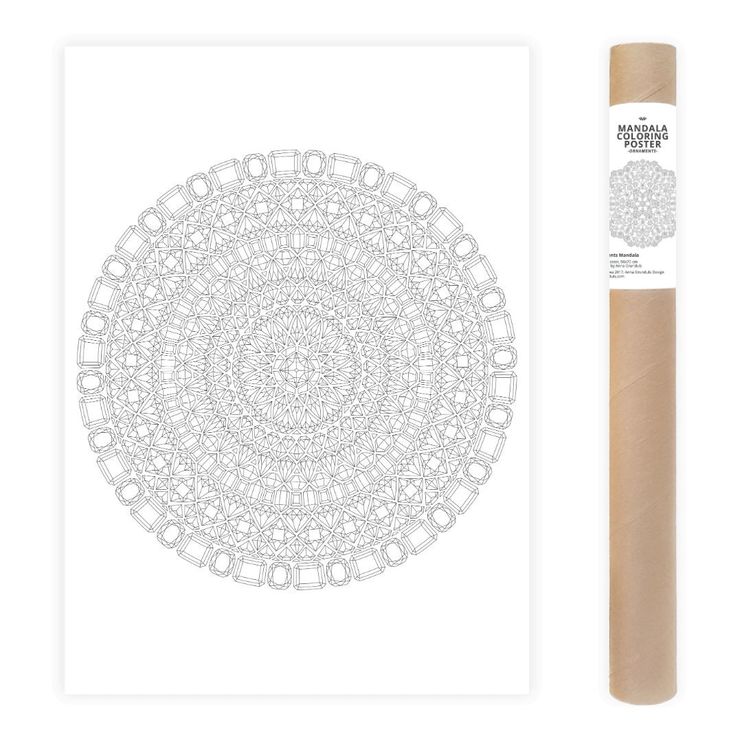 Large Mandala Coloring Pages, Gems Mandala Coloring Poster, Illustrated ...
