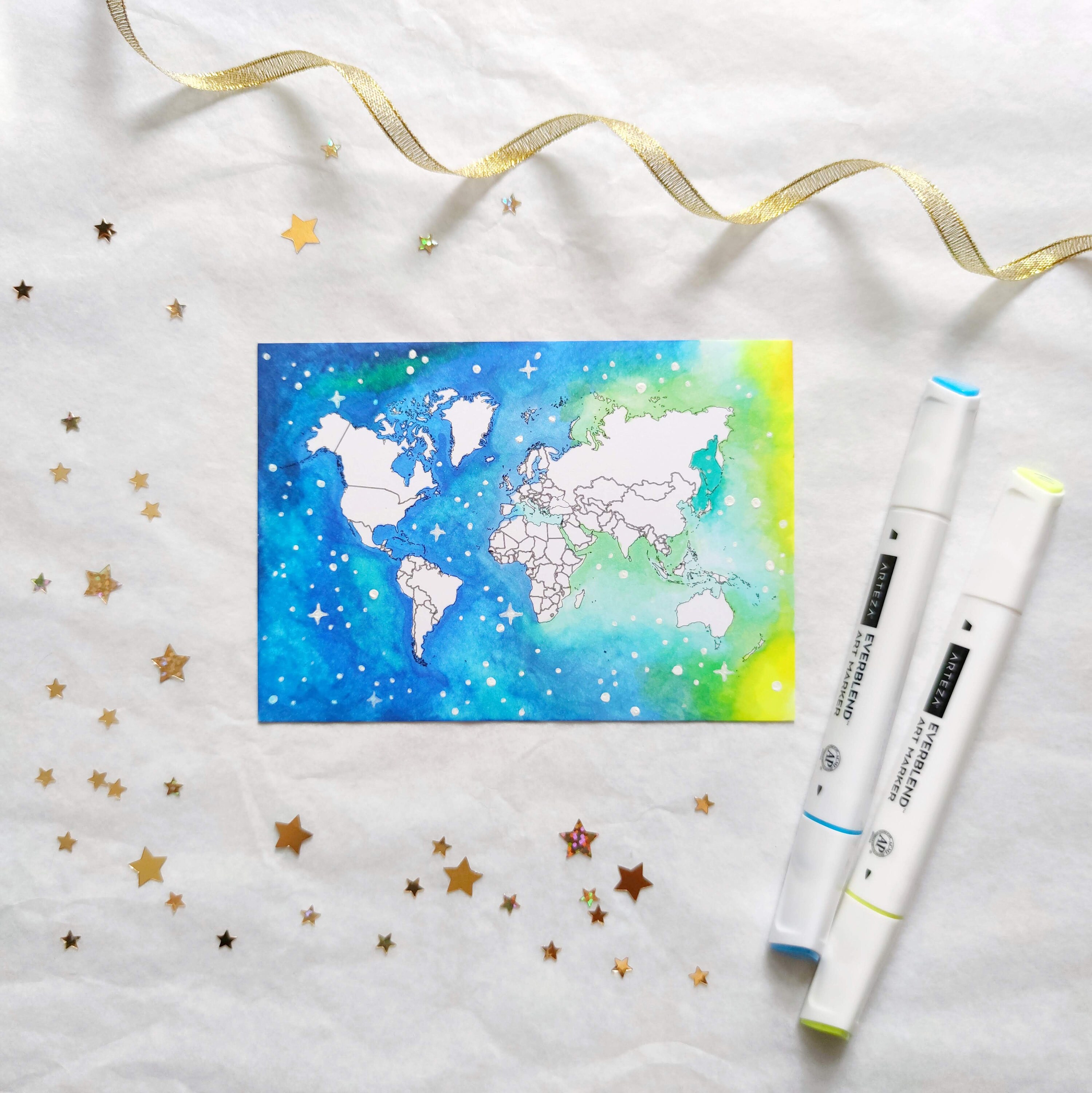 Set of 5 White World Map Postcard Modern Map Illustration - Etsy