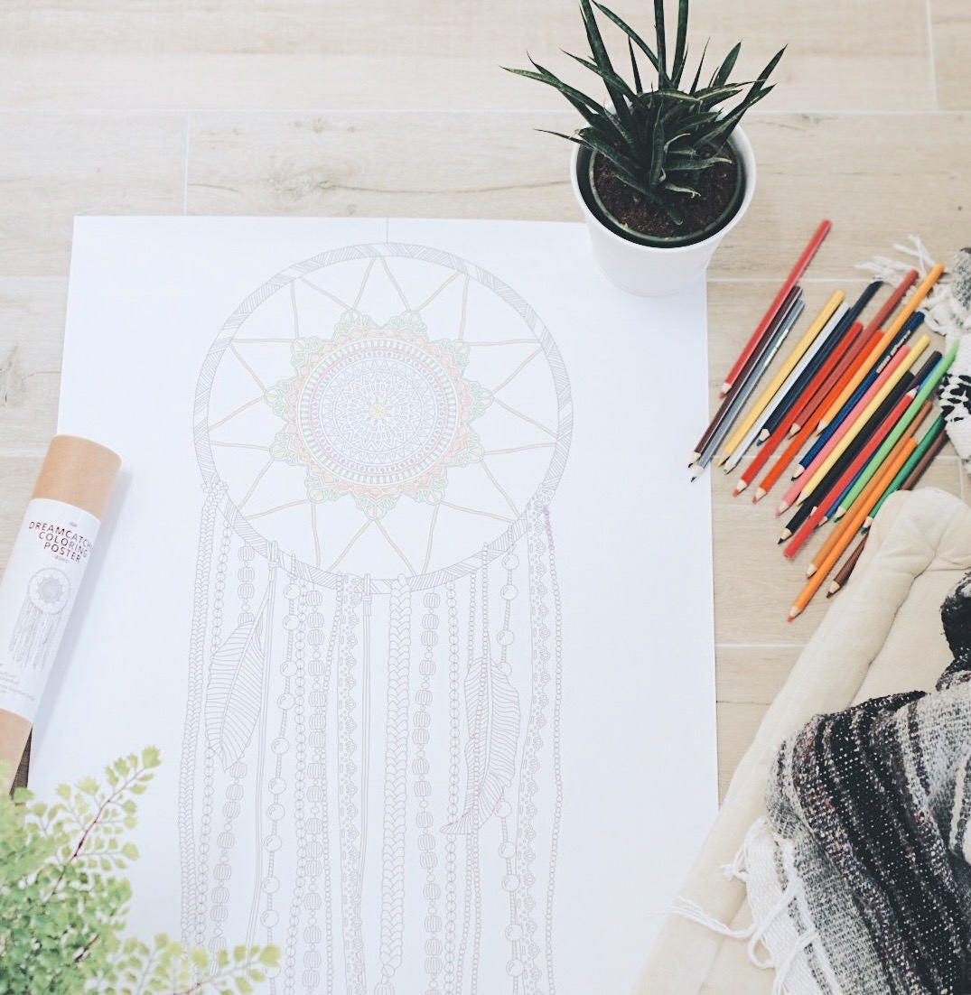 Large Dream Catcher Poster, Adult Coloring Poster, Boho Dream Catcher ...
