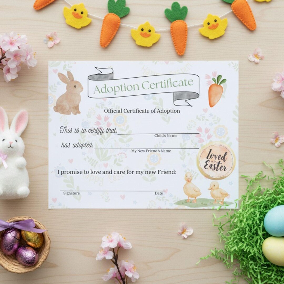 Easter Bunny Adoption Certificate Printable | Stuffed Animal Birth ...