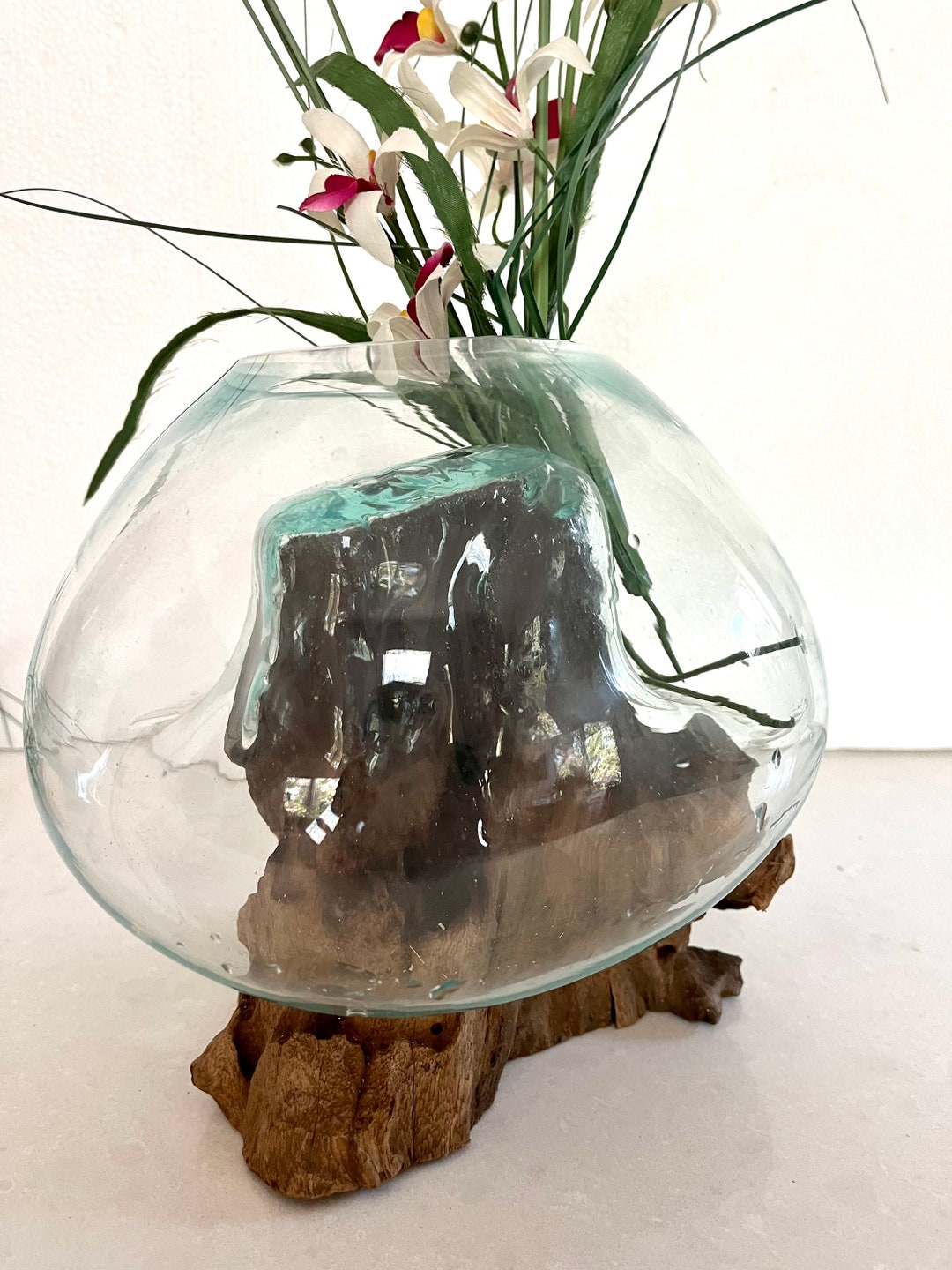 GLASS VASE Molten on a Wood Root .hand Blown, Reclaimed Glass, Gorgeous ...
