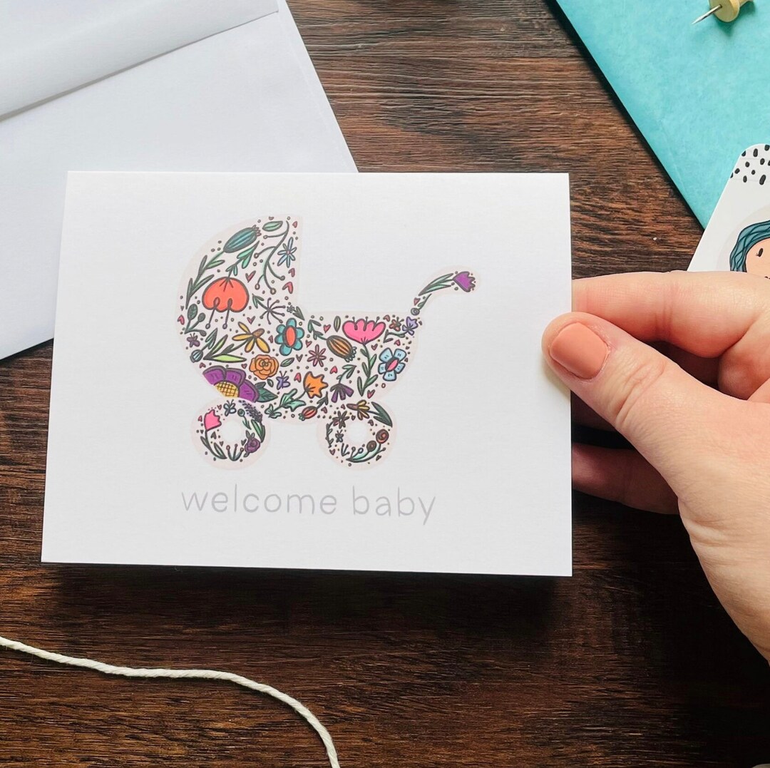 Welcome Baby Floral Carriage Card, Envelope, & Optional Handwritten ...