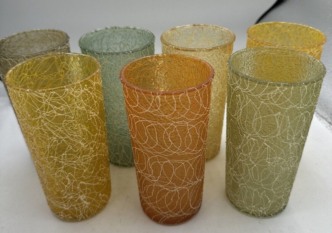 Vintage Set of 7 Hazel Atlas Spaghetti String Glass Tumblers Green ...