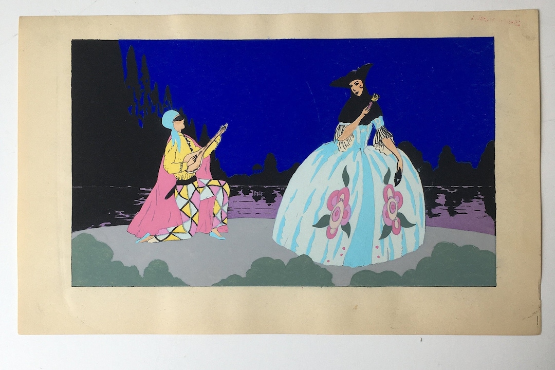 Vintage French Pochoir, Original Fashion Print, Hand Colored Stencil ...
