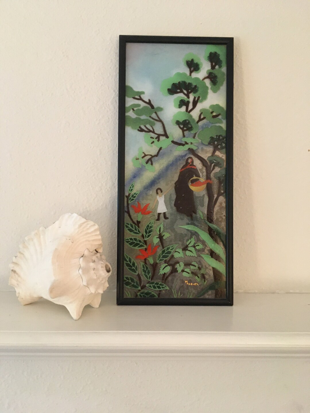 Mid Century Fused Glass Art Painting, M. Rodier, Tranquil Woods Scene ...