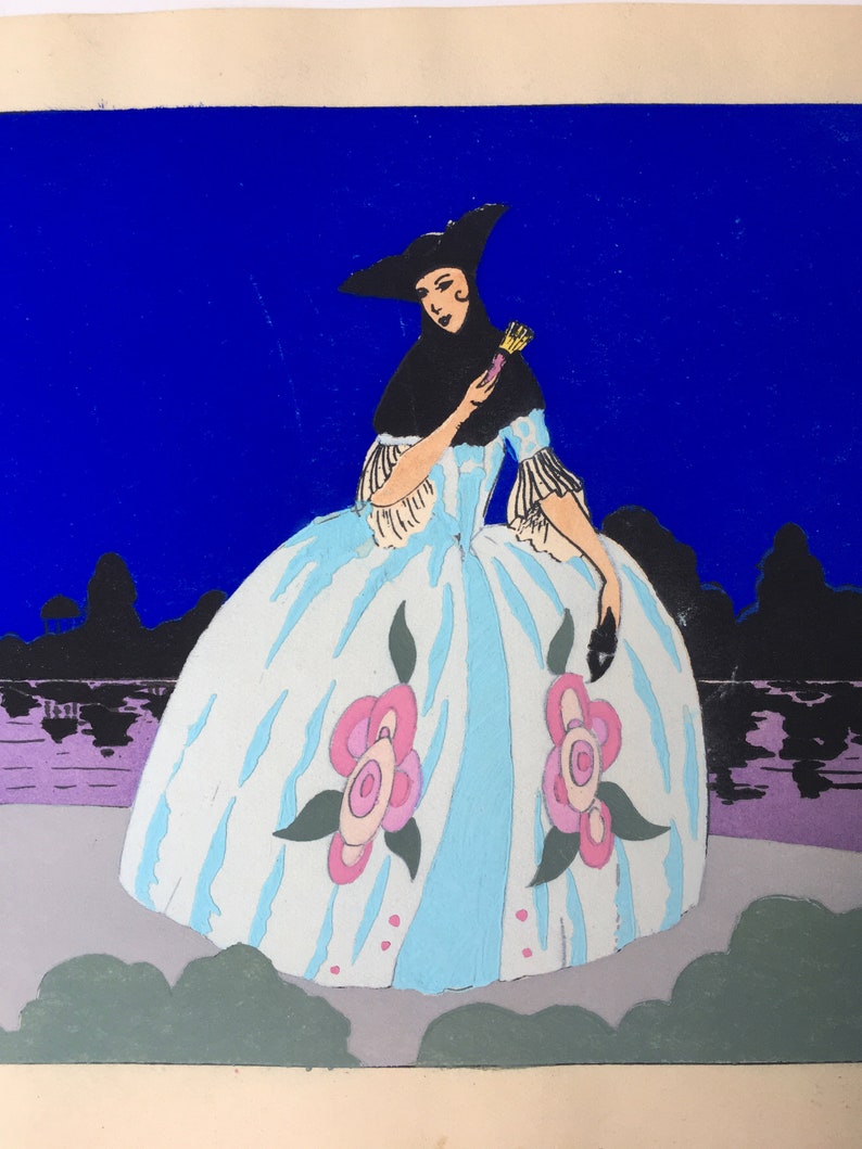 Vintage French Pochoir, Original Fashion Print, Hand Colored Stencil ...