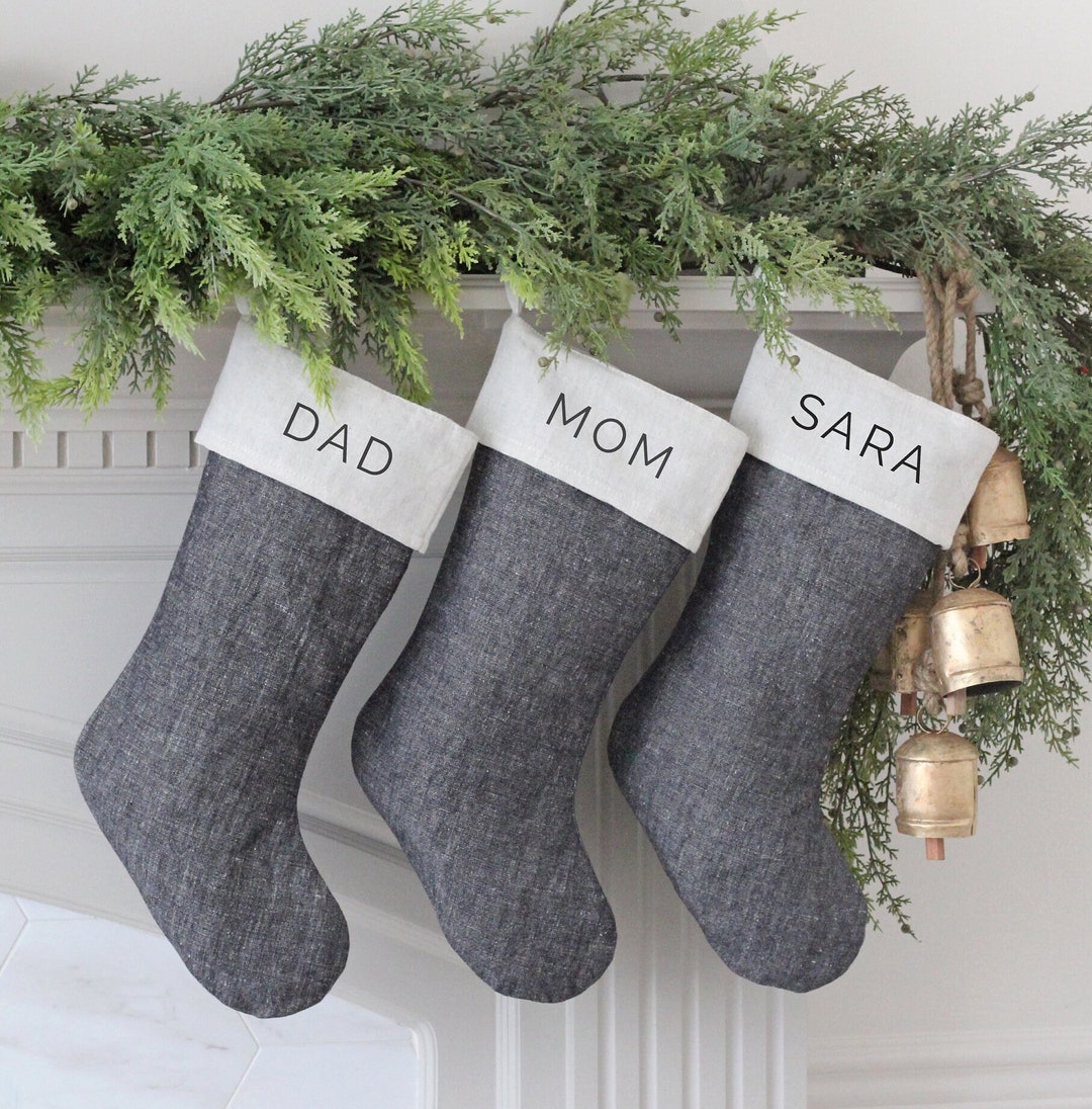 Personalized Stonewashed Christmas Stocking | Black Linen Stockings ...