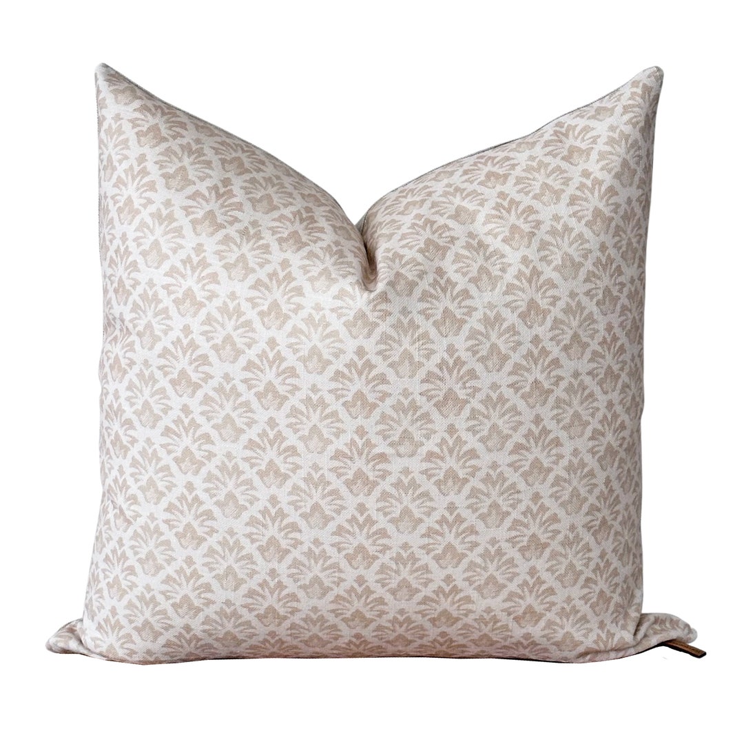 Cream Block Print Pillow Cover | Beige Hand Block Linen Accent Cover ...