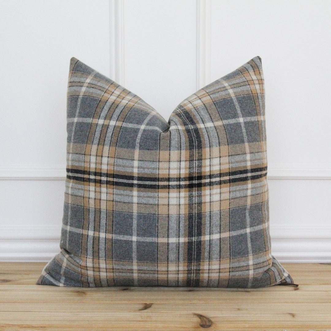 Cognac Brown and Gray Plaid Pillow Cover | Black and Gray Plaid Pillow ...