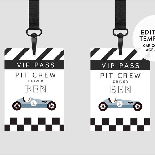 Race Car VIP Pass Editable Printable Pit Crew Favor Tag - Etsy