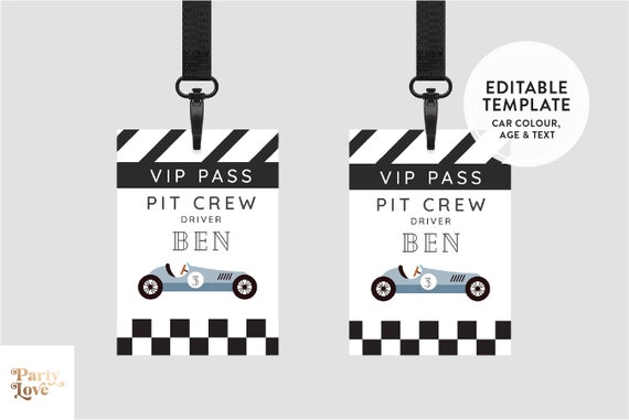 INSTANT Download, Blue Vintage Race Car VIP Pass Pit Crew Pass DIY ...
