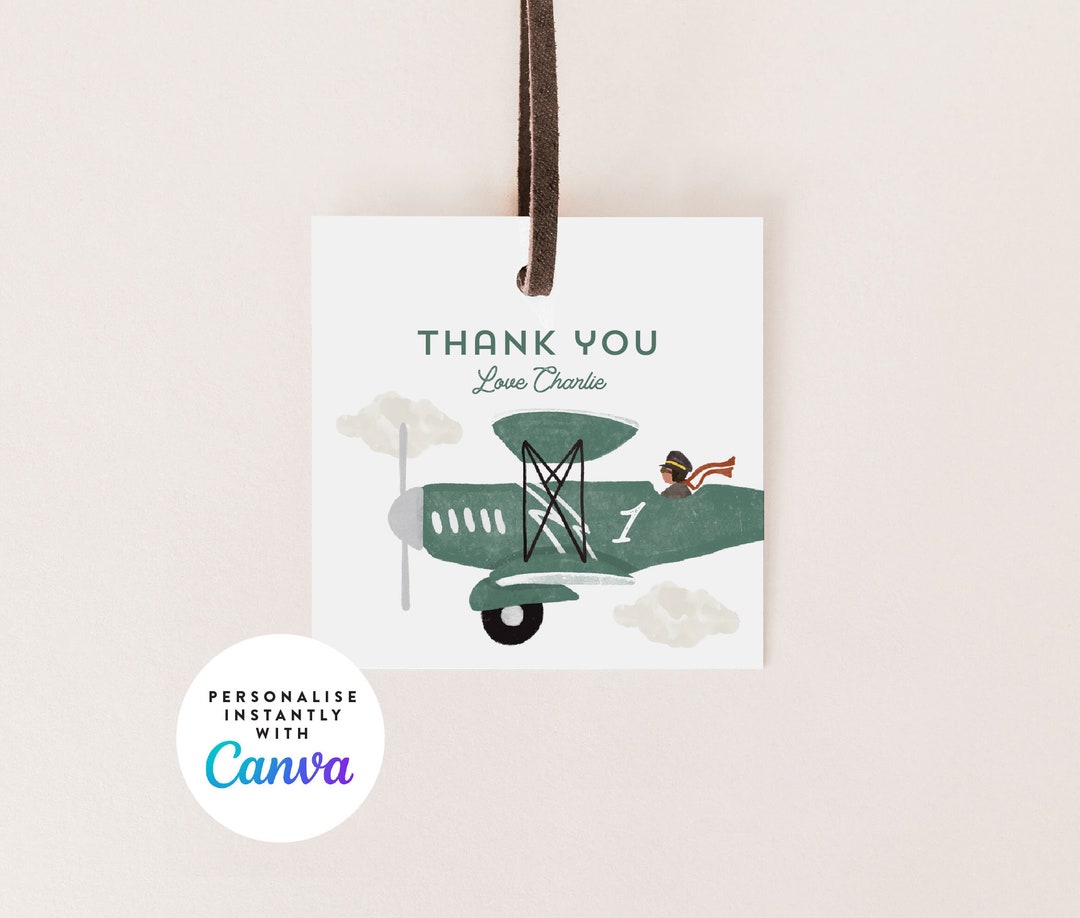 Vintage Airplane Birthday Invitation Template, Pilot Thank You Tag ...